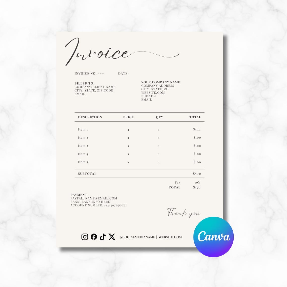 Minimalist Invoice Template, Editable Invoice, Printable Small Business ...