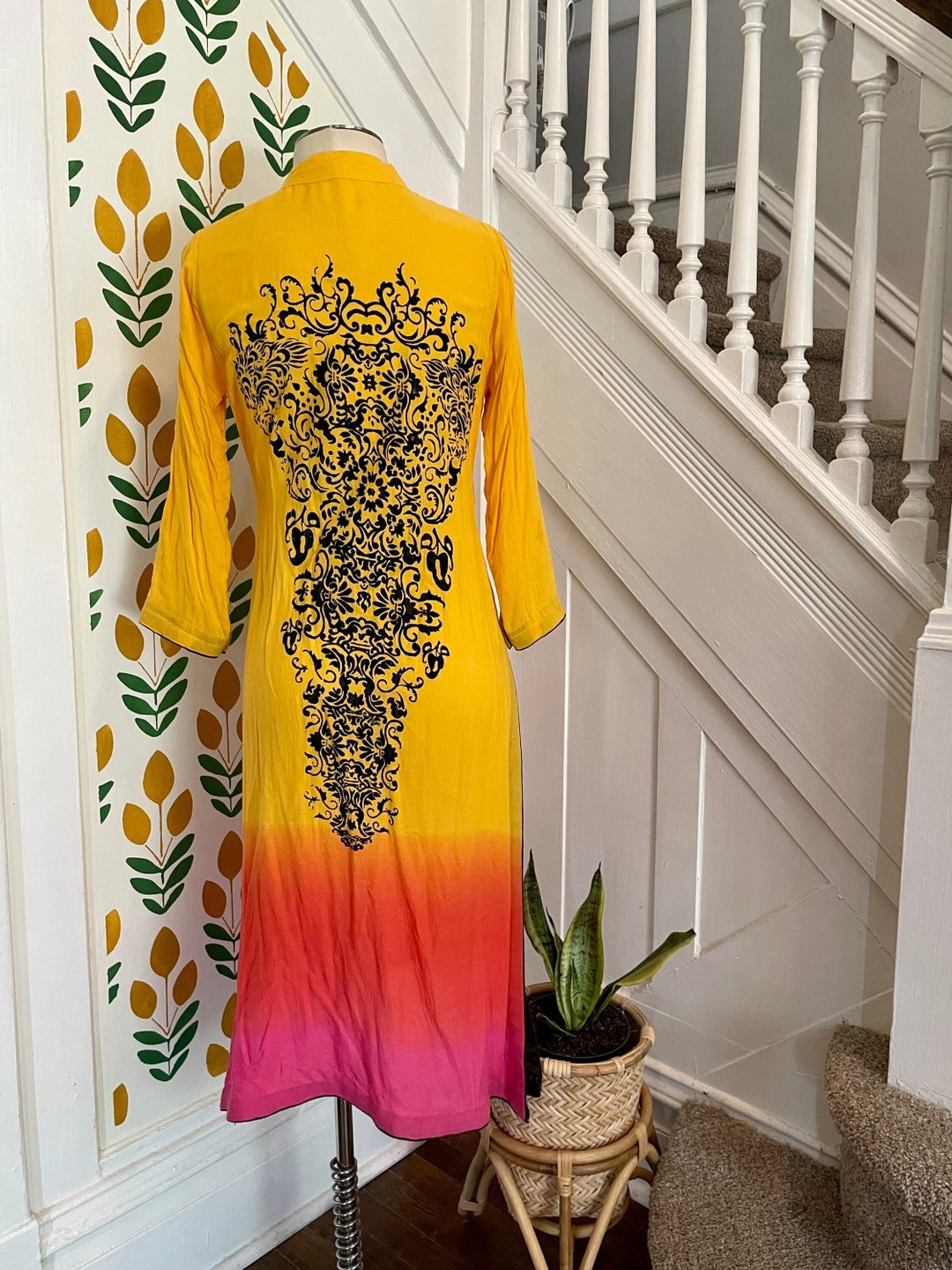 Vintage Yellow Tunic High Slits Pink Ombré Long Sleeve Dress - Etsy