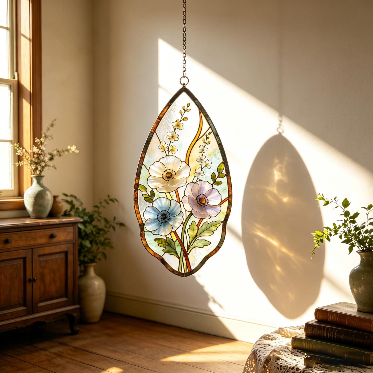 Tiffany Stained Glass Floral Suncatcher, Handmade Anemone & Jasmine ...