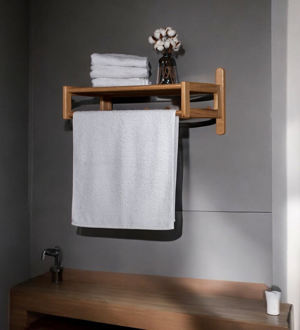 Wooden Bathroom Towel Rack With Shelf, Rustic Bathroom Organizer With ...