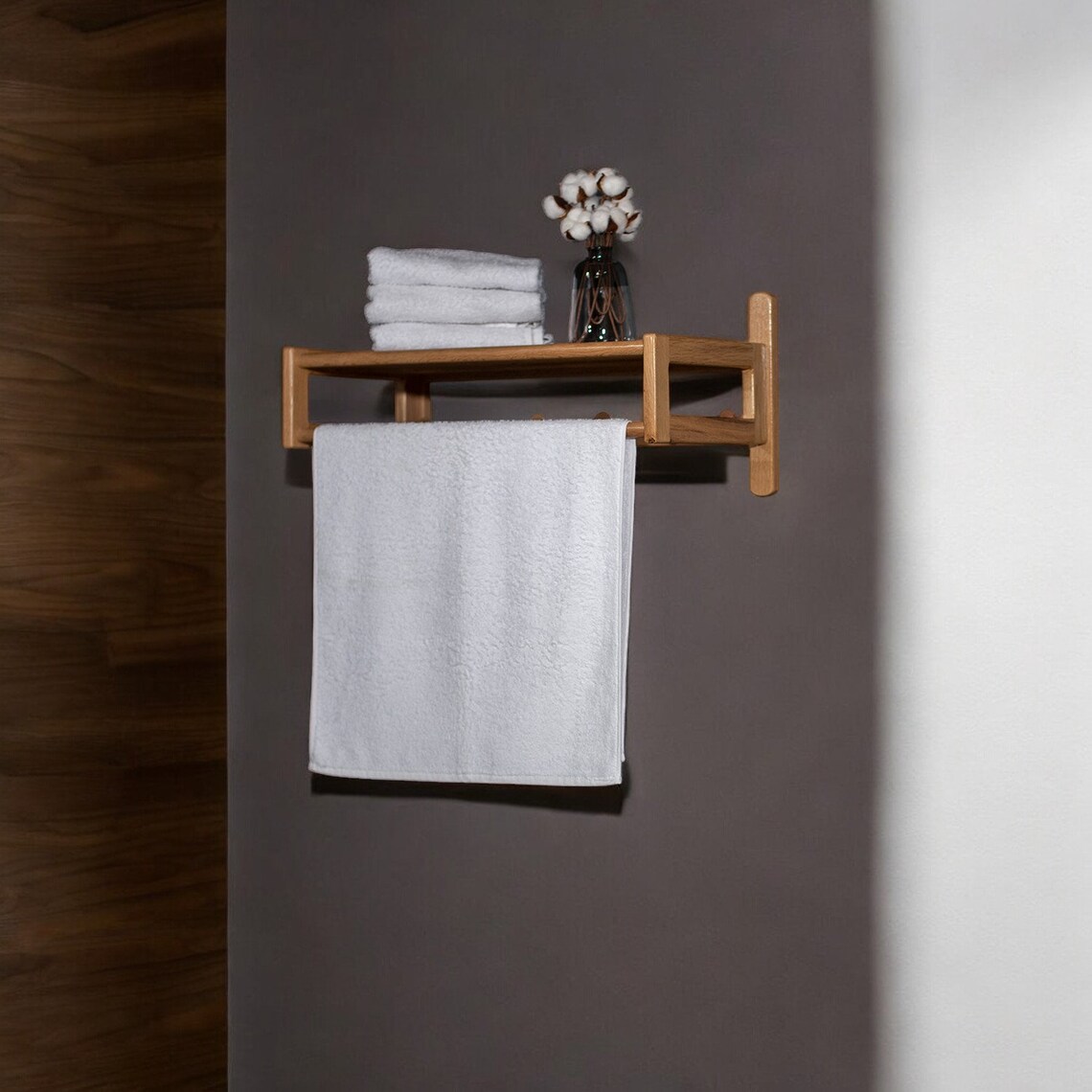 Wooden Bathroom Towel Rack With Shelf, Rustic Bathroom Organizer With ...