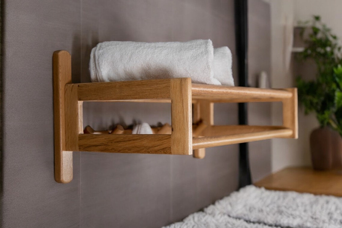 Wooden Bathroom Towel Rack With Shelf, Rustic Bathroom Organizer With ...