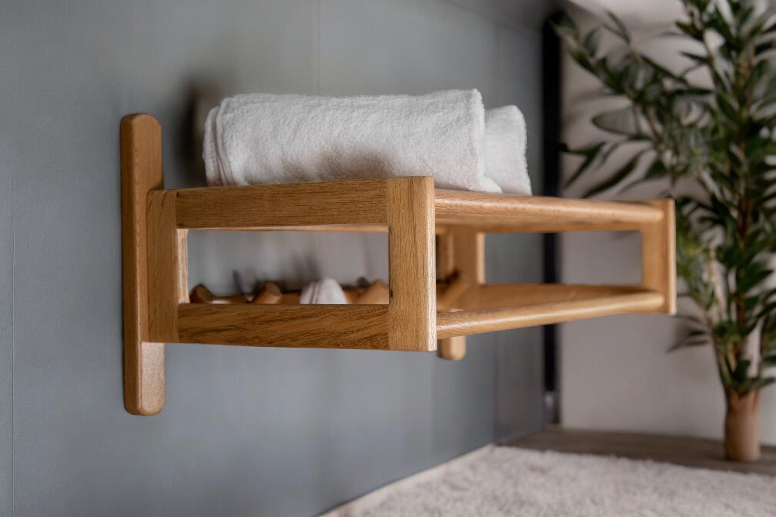 Wooden Bathroom Towel Rack With Shelf, Rustic Bathroom Organizer With ...