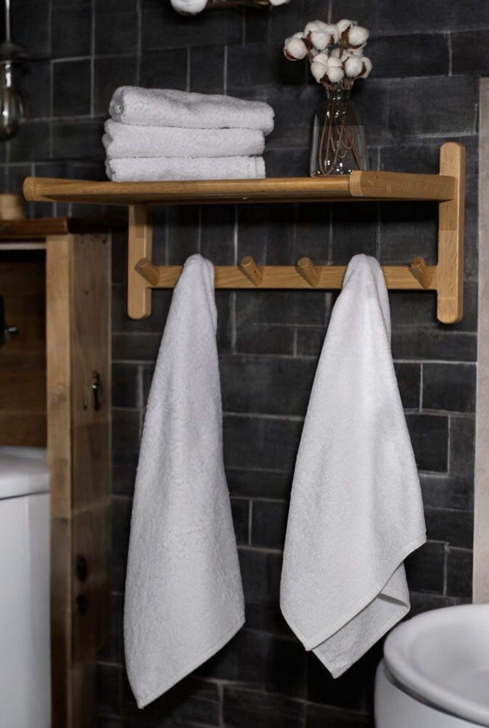 Rustic Oak Bathroom Shelf With Towel Rack & Hooks - Etsy