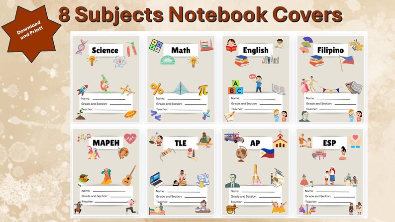 8 Subjects Notebook Covers| Digital Notebook Covers| Easy to Print ...