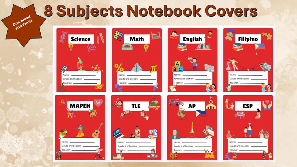 8 Subjects Notebook Covers| Digital Notebook Covers| Easy to Print ...