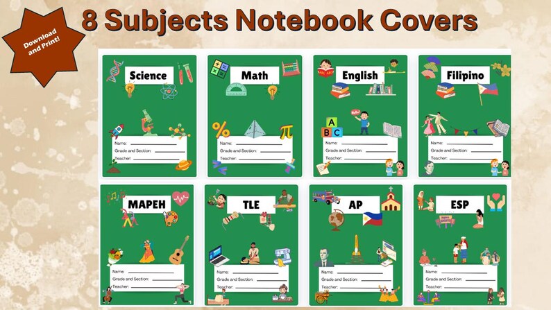 8 Subjects Notebook Covers| Digital Notebook Covers| Easy to Print ...