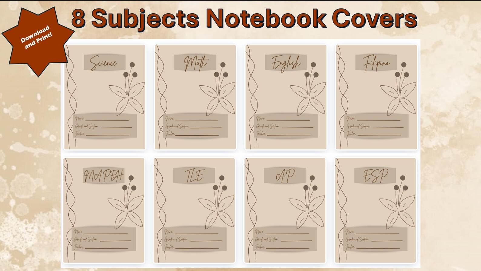 8 Subjects Notebook Covers| Digital Notebook Covers| Easy to Print ...