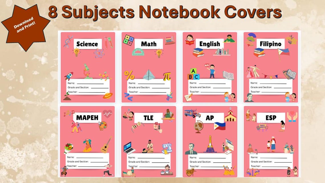 8 Subjects Notebook Covers| Digital Notebook Covers| Easy to Print ...