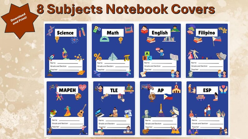 8 Subjects Notebook Covers| Digital Notebook Covers| Easy to Print ...