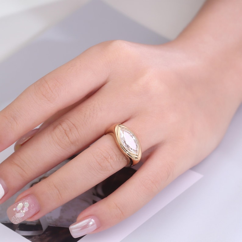 Marquise Lab Grown Diamond Signet Ring Gift for Her, Solid Gold Bezel ...