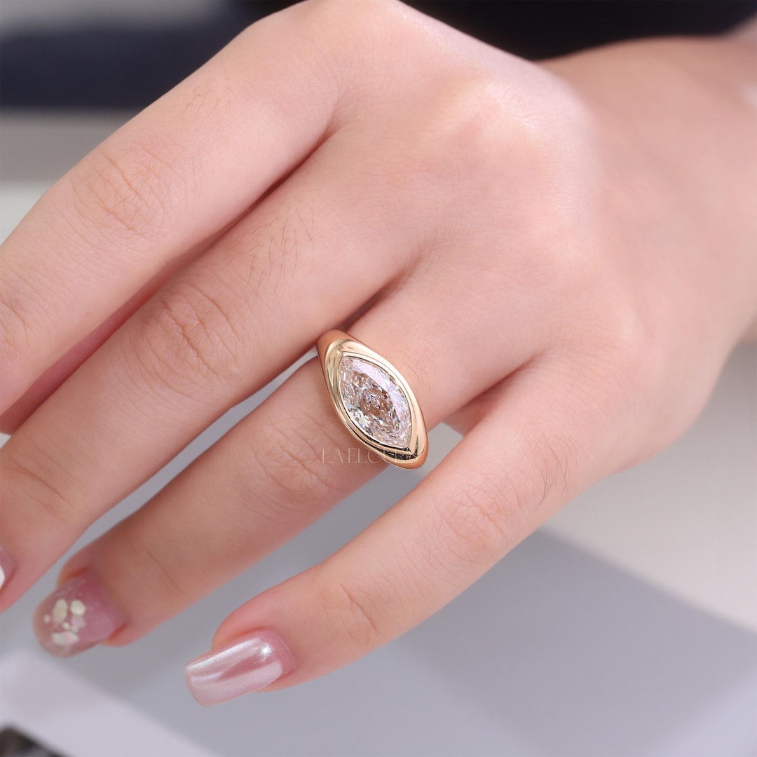 Marquise Lab Grown Diamond Signet Ring Gift for Her, Solid Gold Bezel ...