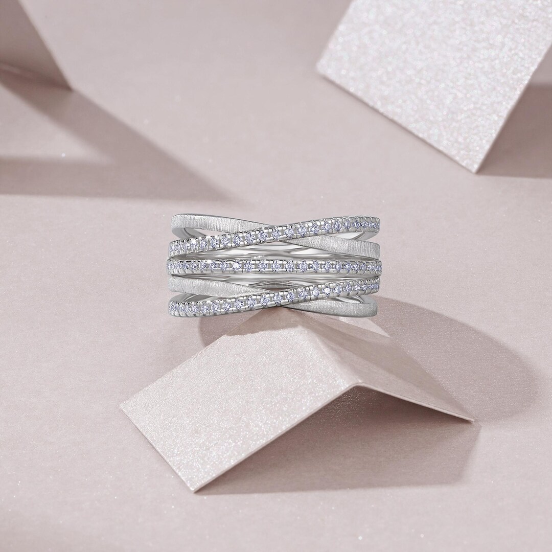 Diamond Multi Row Crossover Ring | Brushed Gold Pavé Band | Wide Criss ...