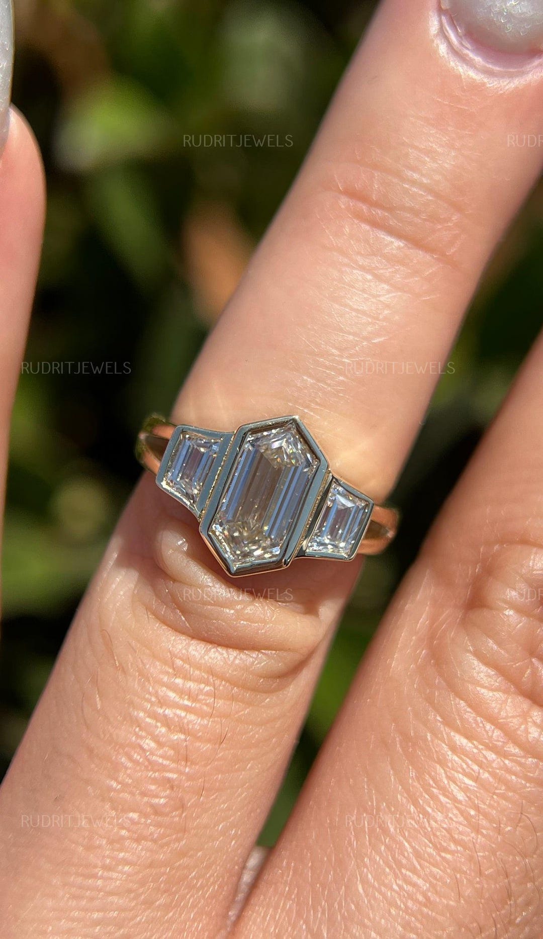 Bezel Set Hexagon Shape Moissanite Ring 2.50 Ctw Three Stone Engagement ...
