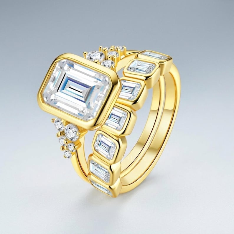 Emerald Cut Bezel Engagement Ring Set | Baguette Eternity Wedding Band ...