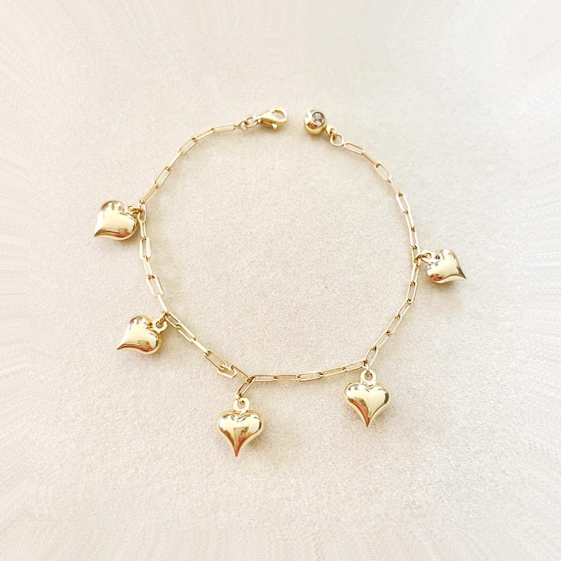 14K Real Gold Puffed Heart Charm Paperclip Bracelet - Available in Gold ...