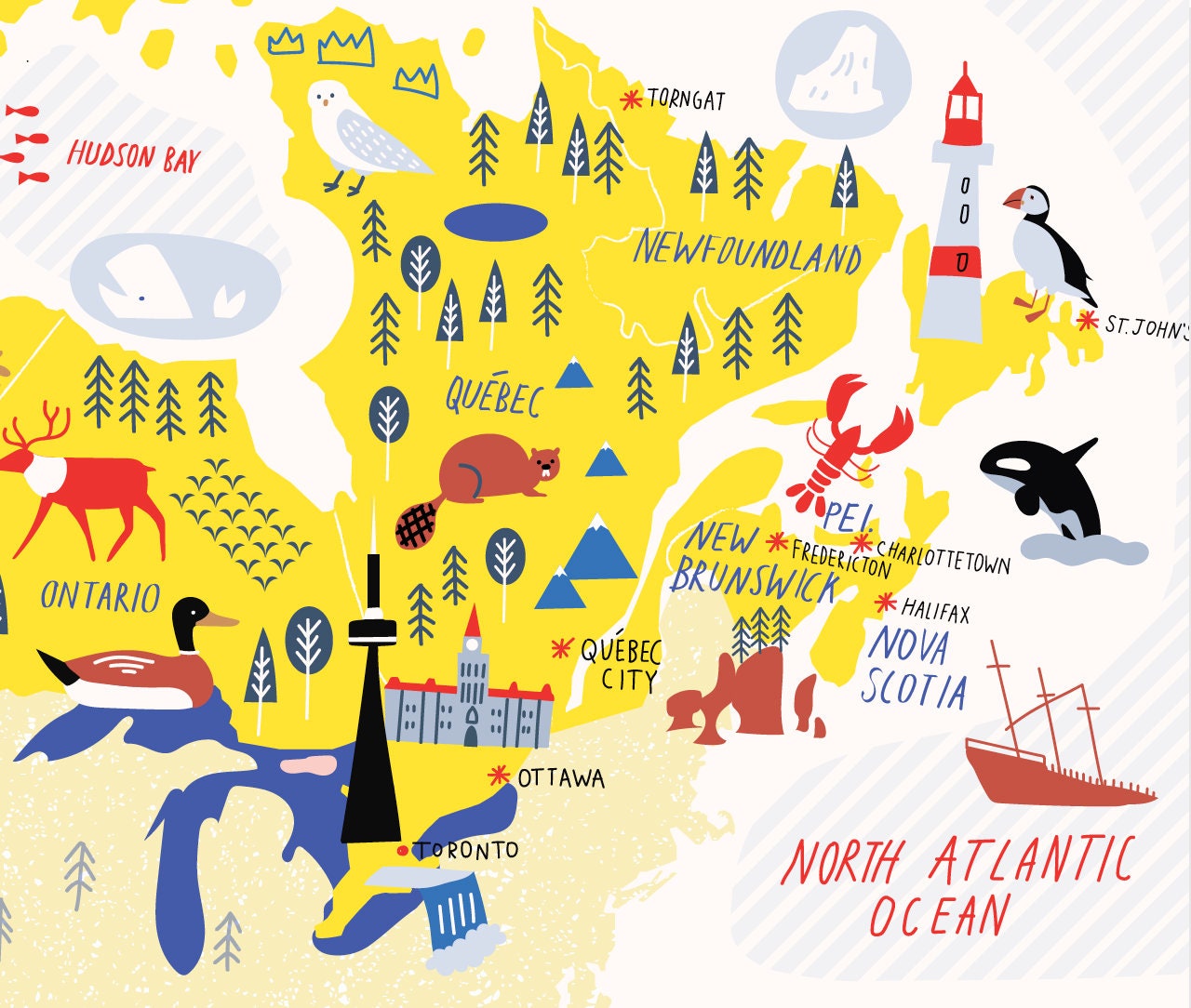 Illustrated Map of Canada Yellow | Canada Map Art | Canada Map Gift ...