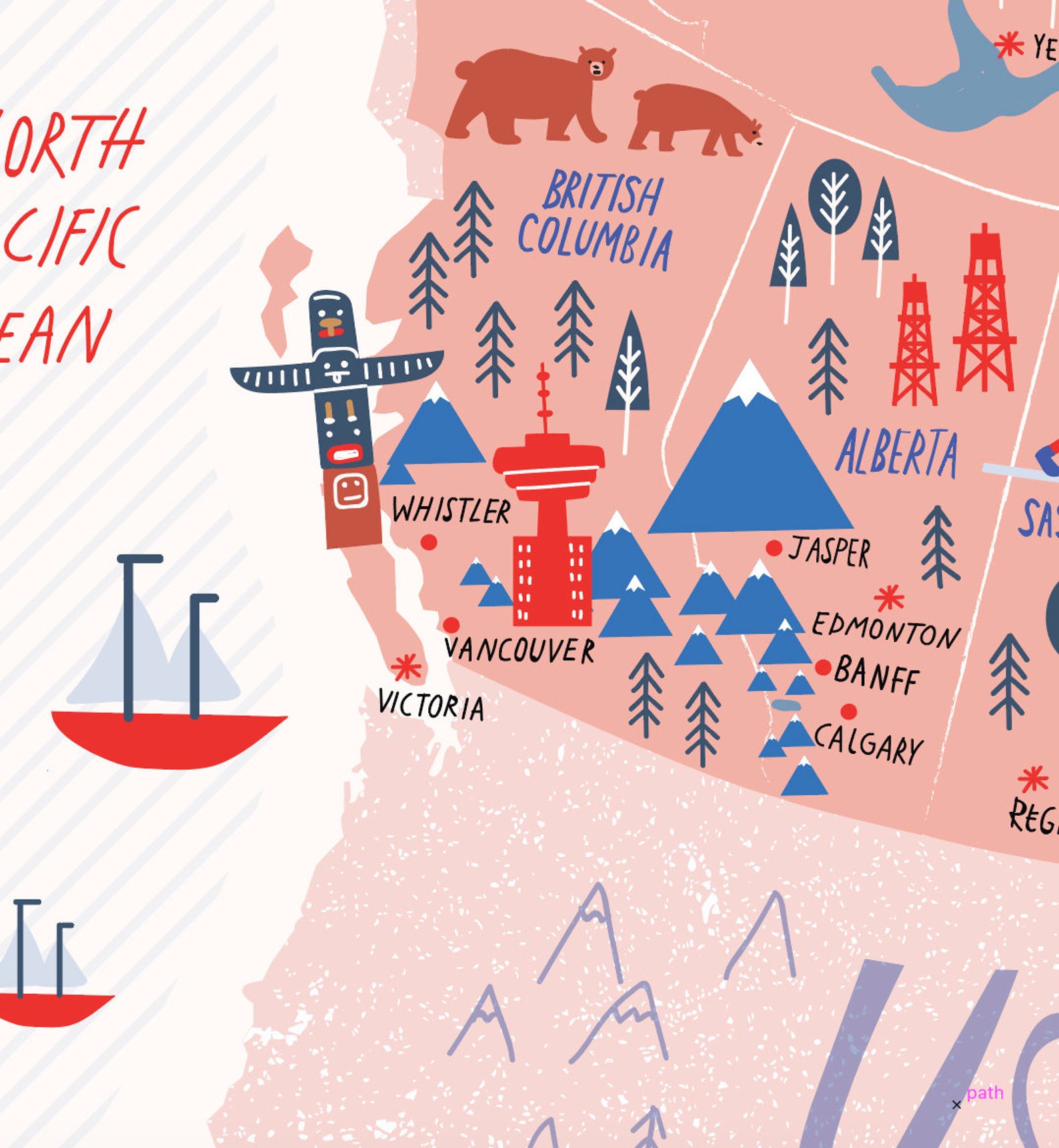 Illustrated Map of Canada Pink | Canada Map Art | Canada Map Gift ...