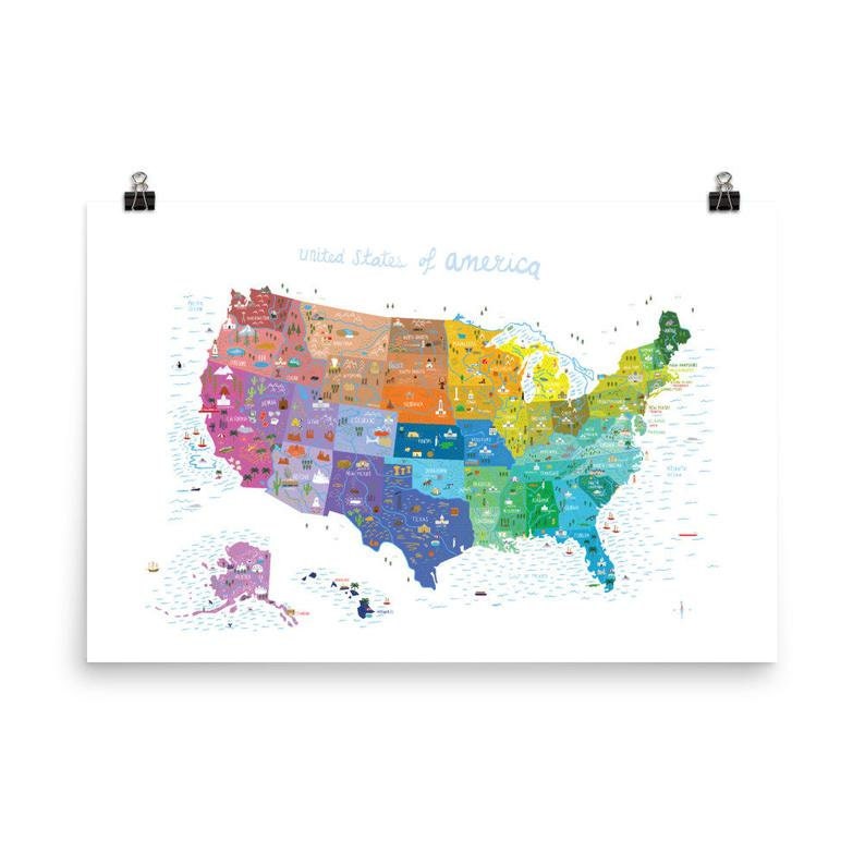 USA Poster - Illustrated Map USA - Educational Map - Etsy
