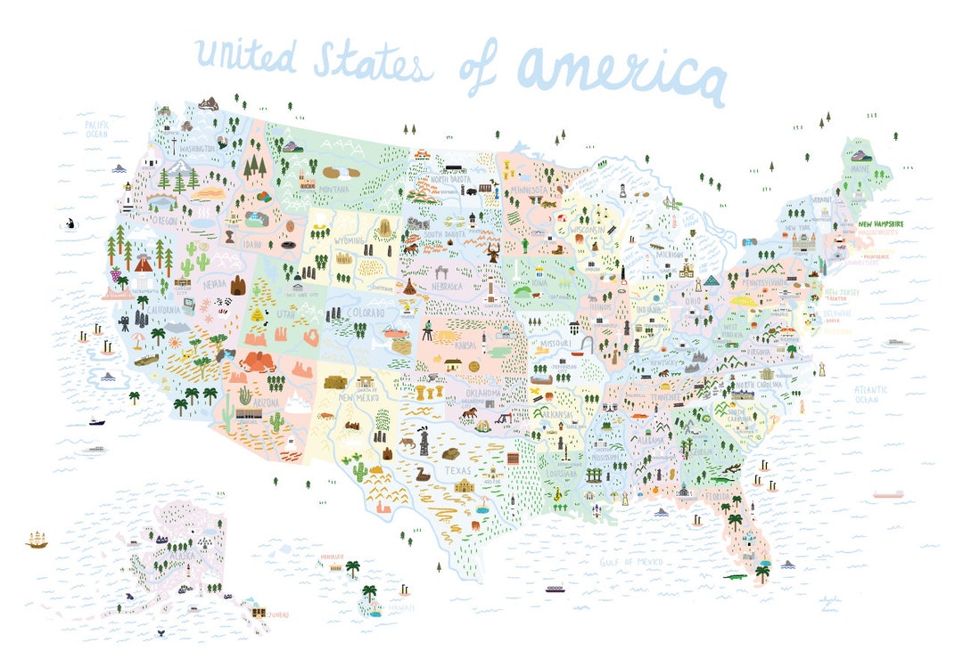 USA Illustrated Map Poster | America Poster | United States Wall Art ...