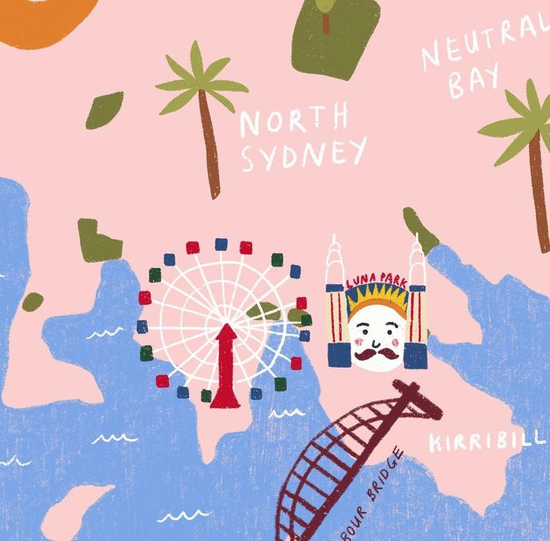 Sydney Australia - Illustrated Map Poster - 12"x16" - Etsy Canada