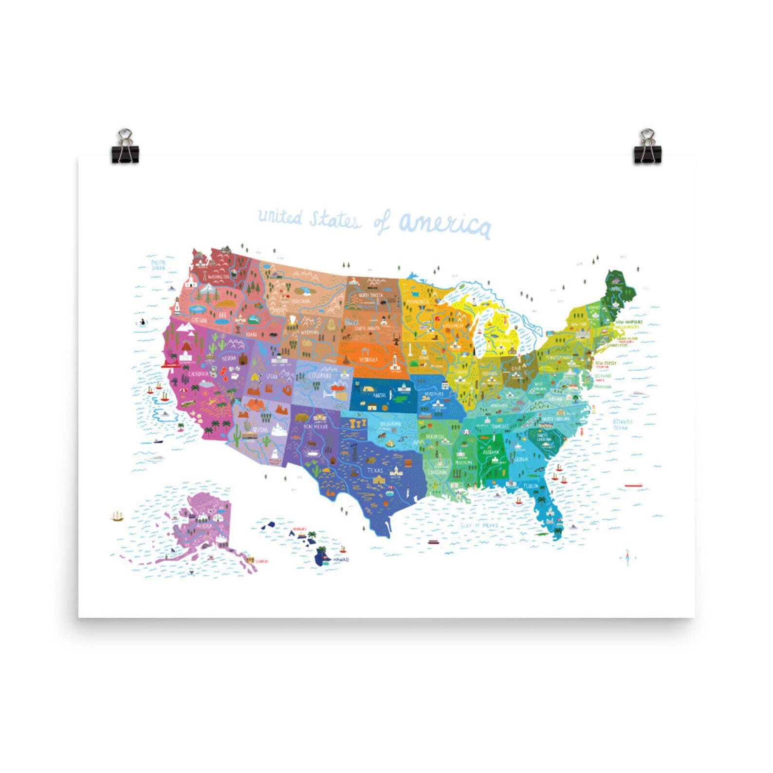 USA Poster - Illustrated Map USA - Educational Map - Etsy