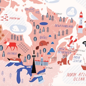 Illustrated Map of Canada Pink | Canada Map Art | Canada Map Gift ...
