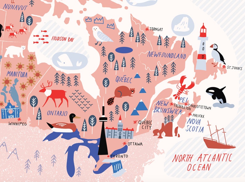 Illustrated Map of Canada Pink | Canada Map Art | Canada Map Gift ...