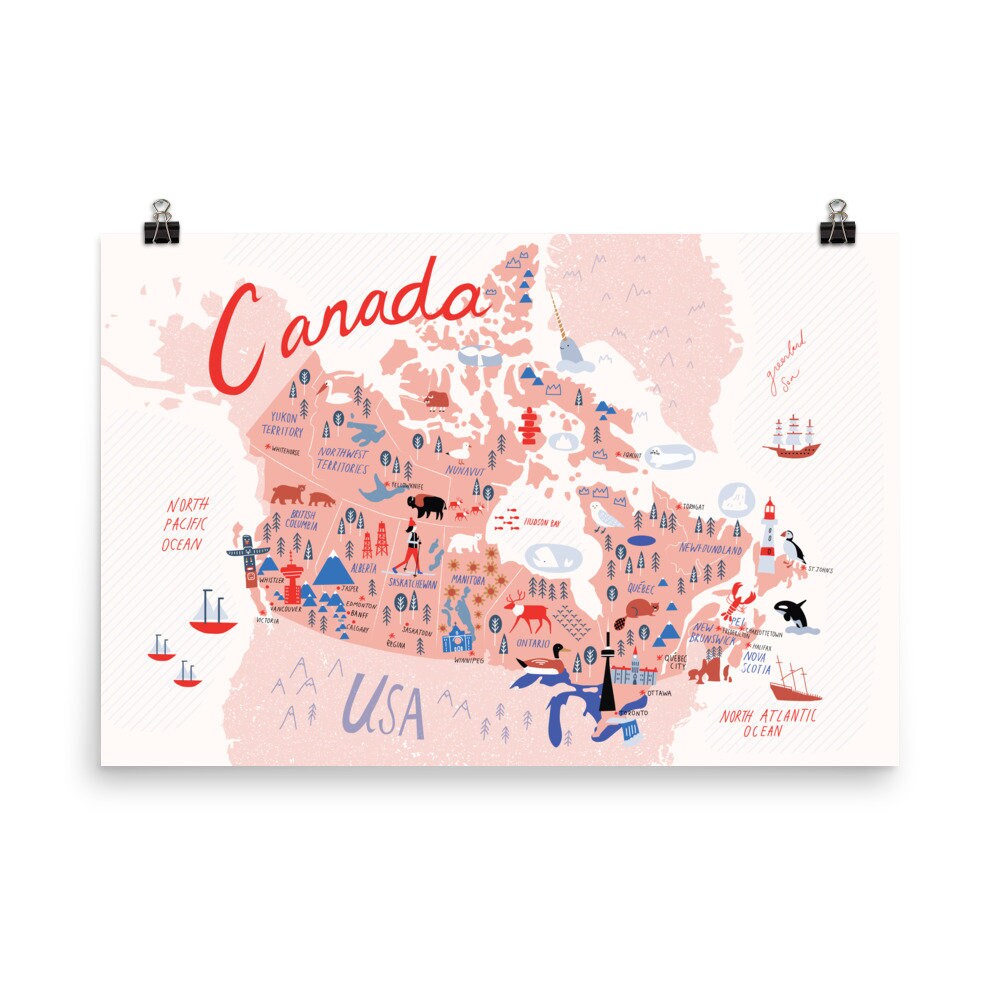 Illustrated Map of Canada Poster Pink - Etsy Canada