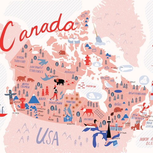 Illustrated Map of Canada Pink Canada Map Art Canada Map - Etsy Canada