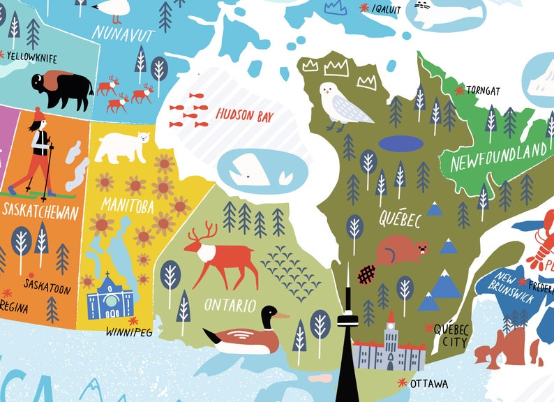 Illustrated Map of Canada - Colourful Poster - Etsy