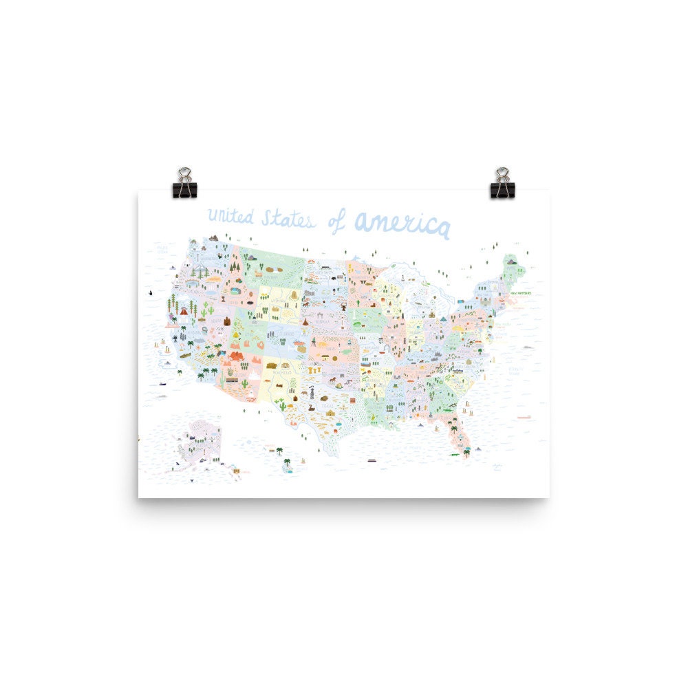 USA Illustrated Map Poster America Poster United States Wall Art United ...