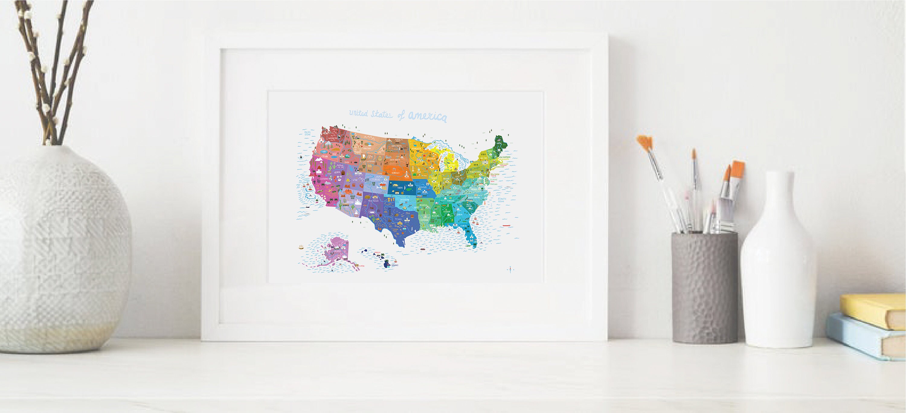 USA Map Print Illustrated Map United States Décor USA - Etsy Canada