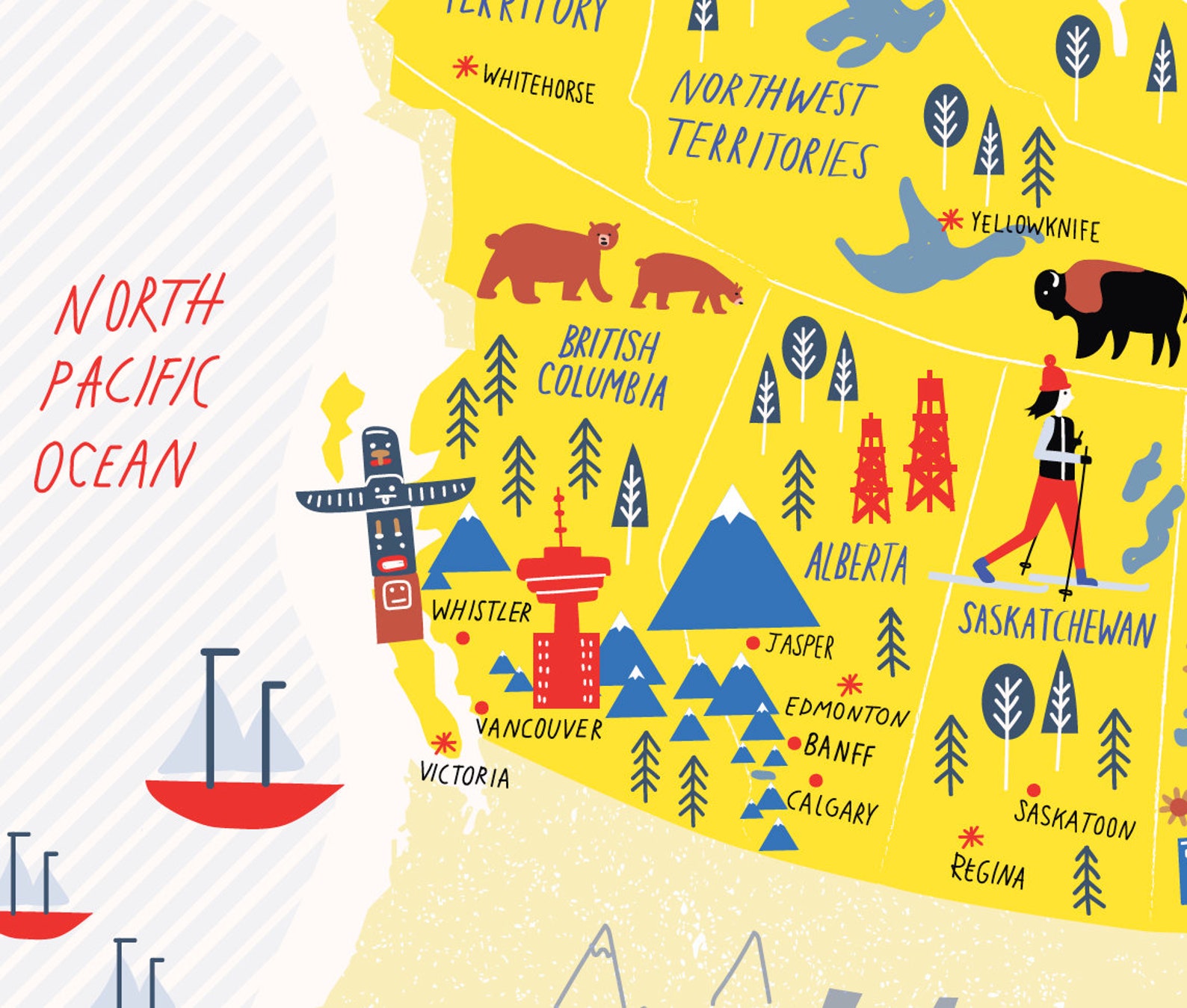 Illustrated Map of Canada Yellow Canada Map Art Canada Map - Etsy Finland