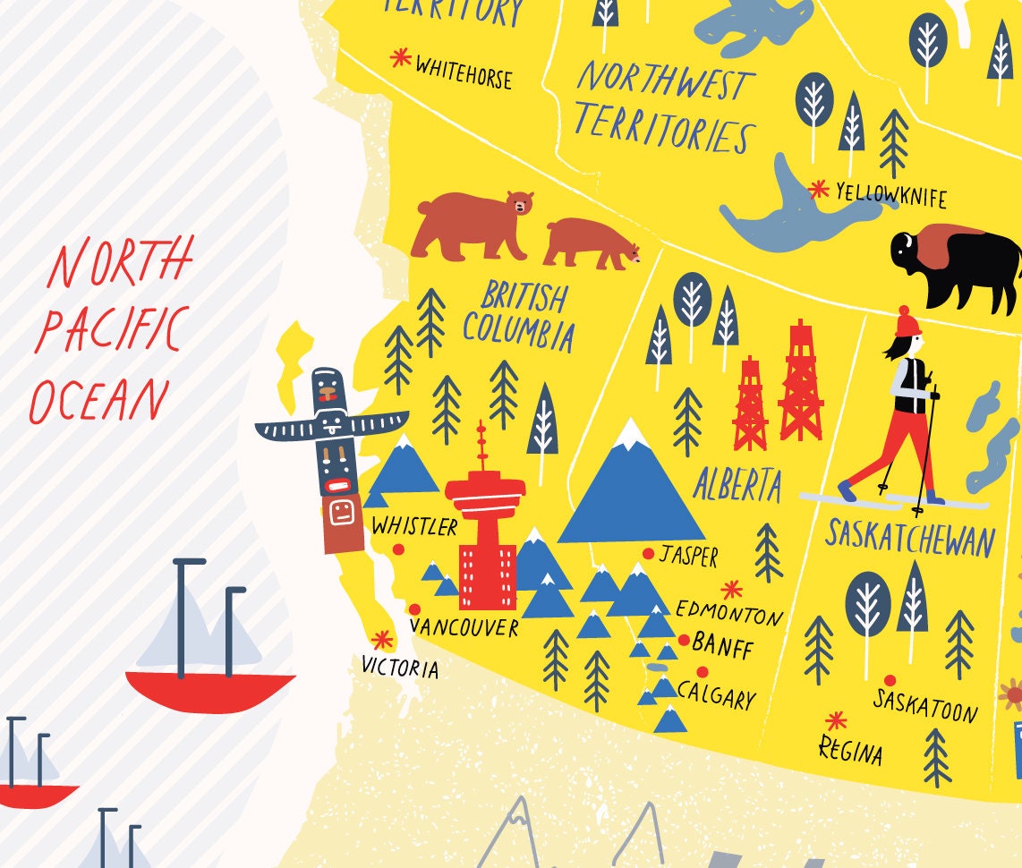 Illustrated Map of Canada Yellow | Canada Map Art | Canada Map Gift ...