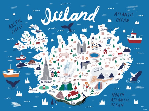 Iceland Illustrated Map Iceland Print Iceland Illustration - Etsy