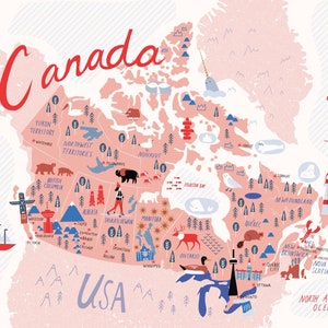 Illustrated Map of Canada Poster - Pink - Etsy