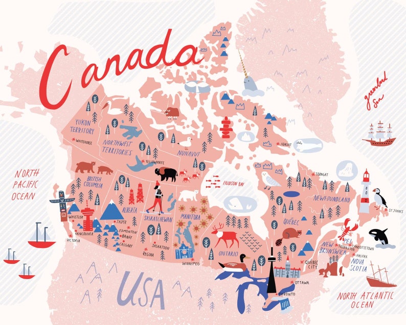 Illustrated Map of Canada Poster Pink - Etsy Canada