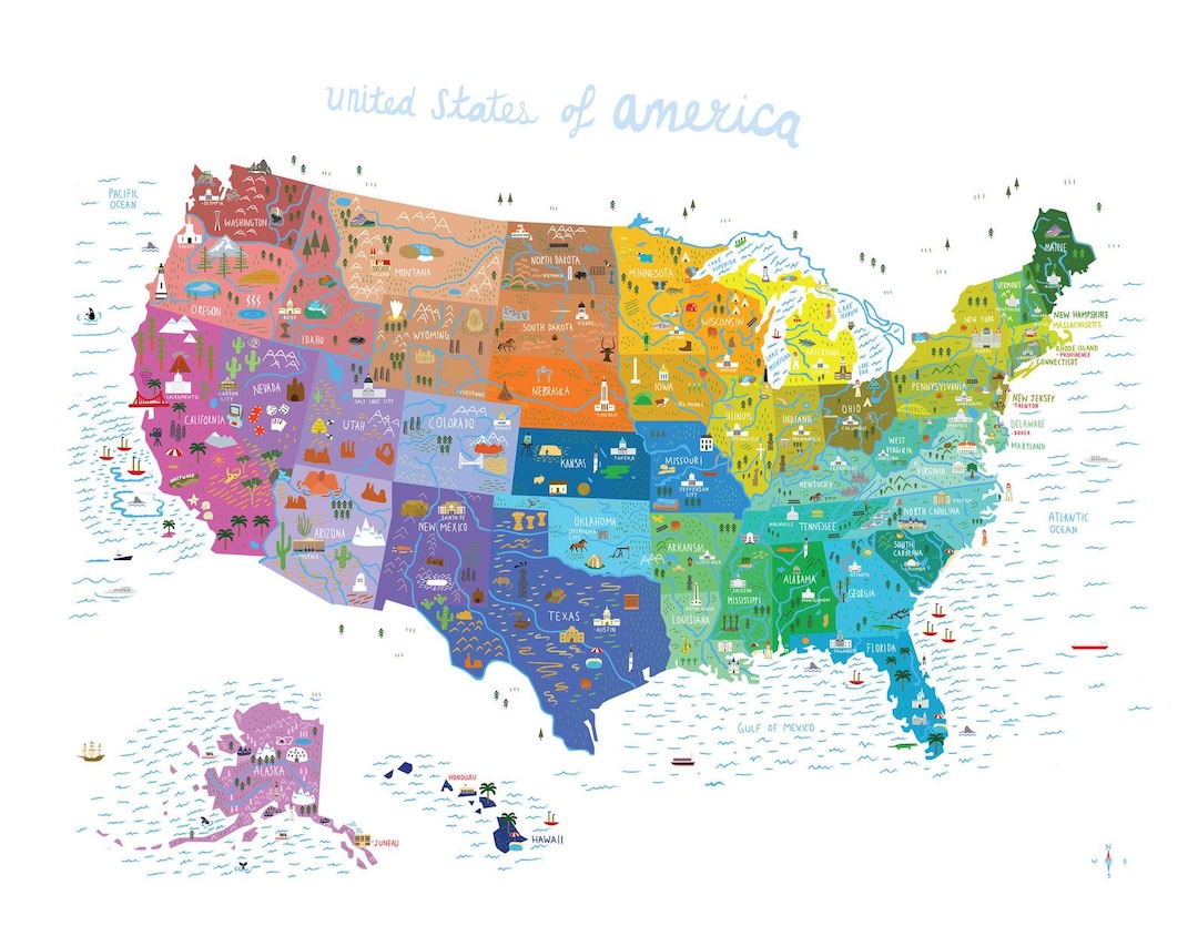 USA Poster - Illustrated Map USA - Educational Map - Etsy