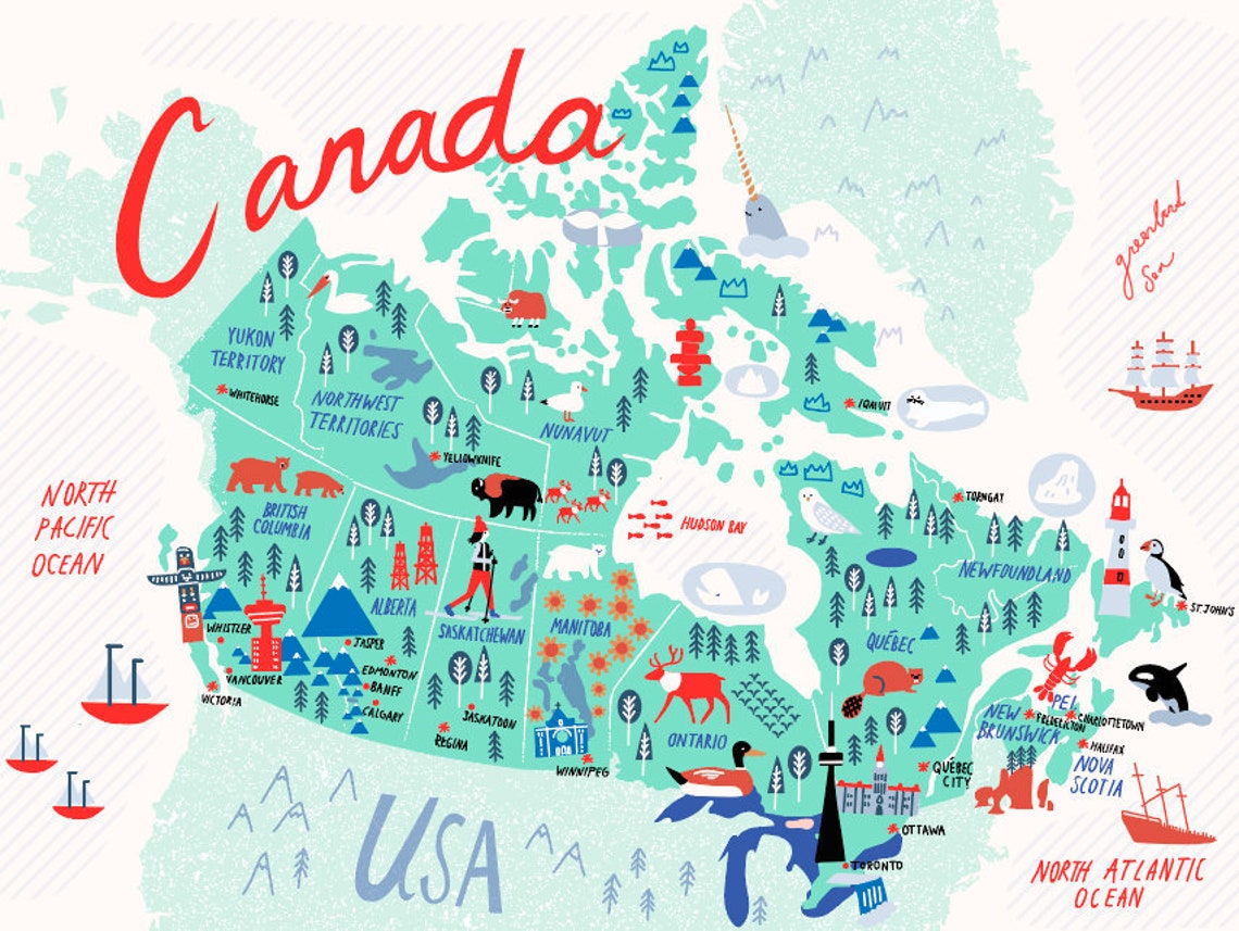 Illustrated Map of Canada Blue Canada Map Art Canada Map - Etsy