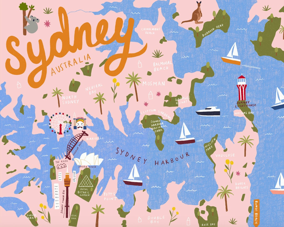 Sydney Australia - Illustrated Map Print (8x10) - Etsy