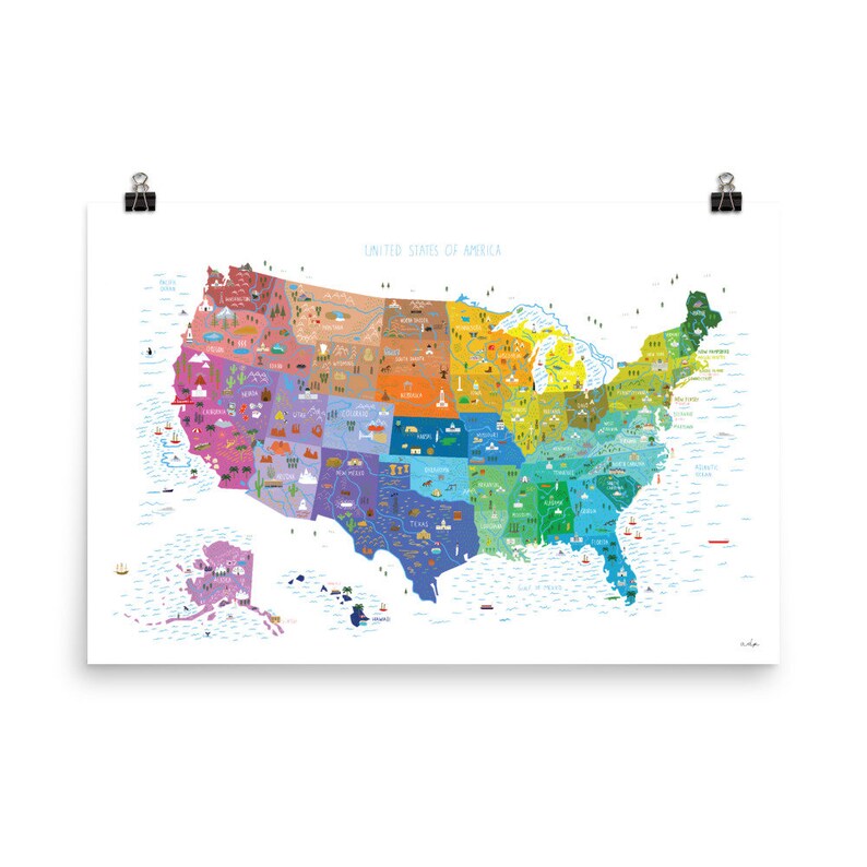 USA Poster Illustrated Map USA Educational Map | Etsy
