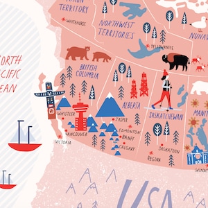 Illustrated Map of Canada Pink | Canada Map Art | Canada Map Gift ...