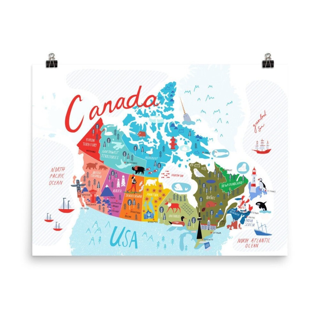 Illustrated Map of Canada - Colourful Poster - Etsy