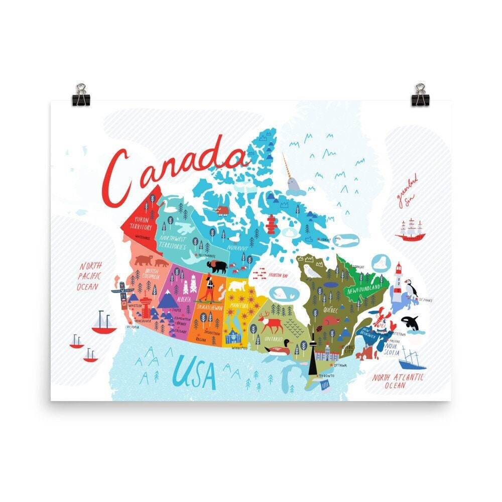 Illustrated Map of Canada - Colourful Poster - Etsy