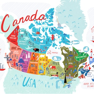 Illustrated Map of Canada - Colourful Poster - Etsy