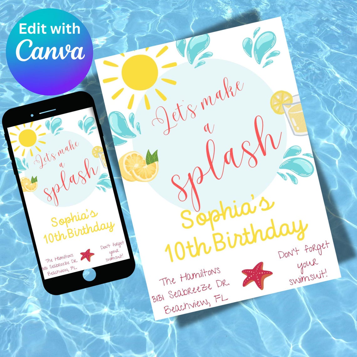 Editable Summer Party Invite, Pool Party Invitation Template, Summer ...