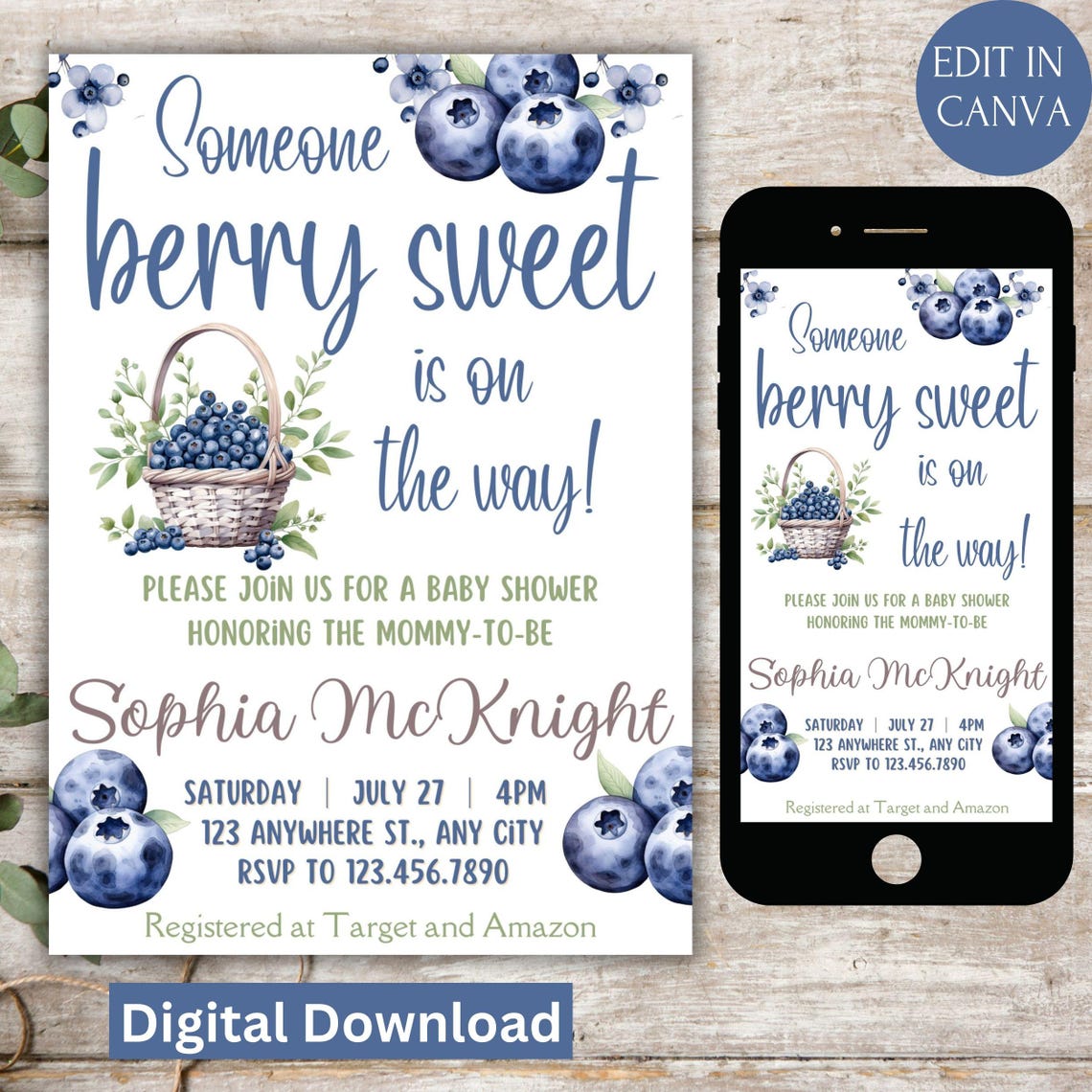 Editable Blueberry Baby Shower Invitation Set, Someone Berry Sweet Baby ...