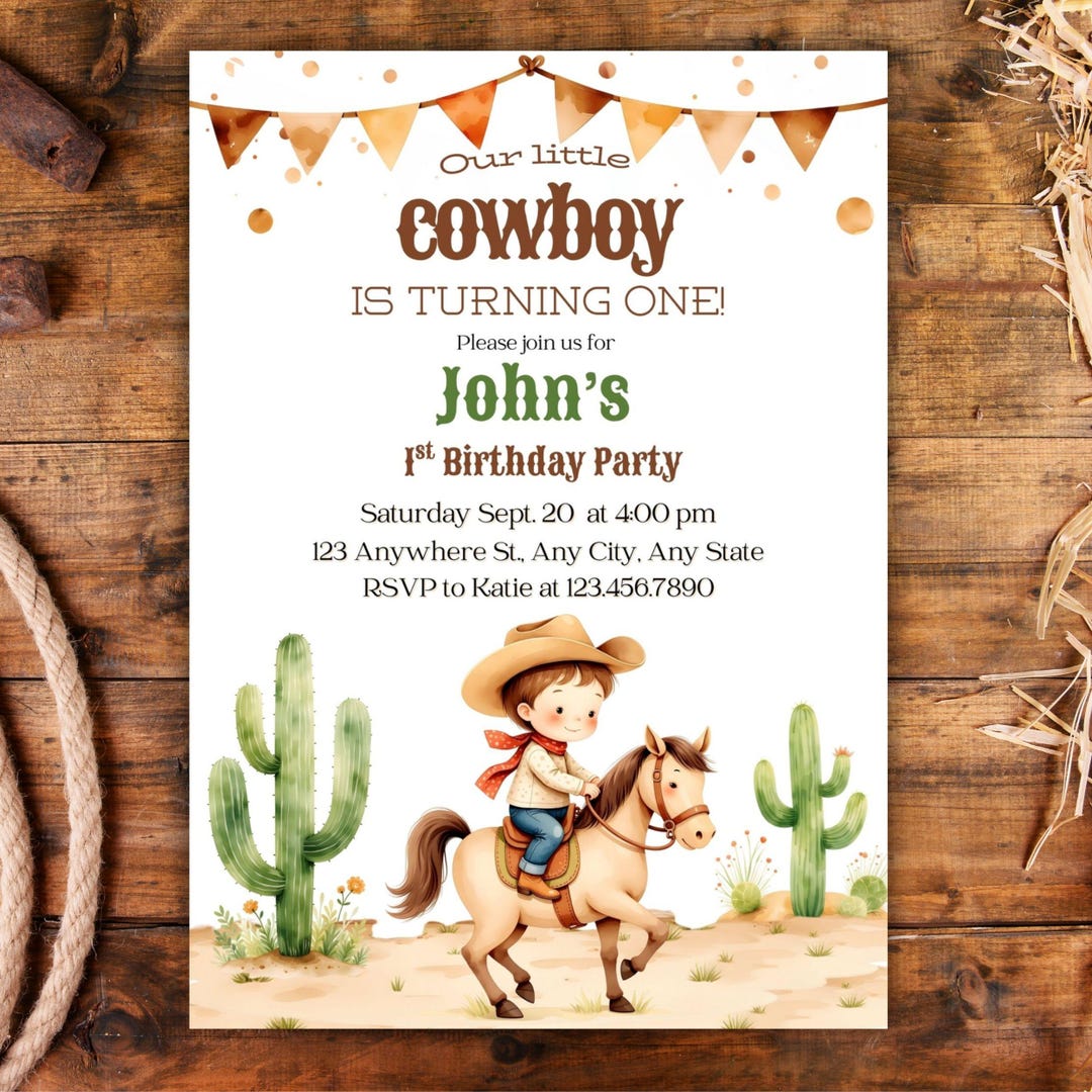 Little Cowboy First Birthday Invitation Template Editable Cowboy Theme ...