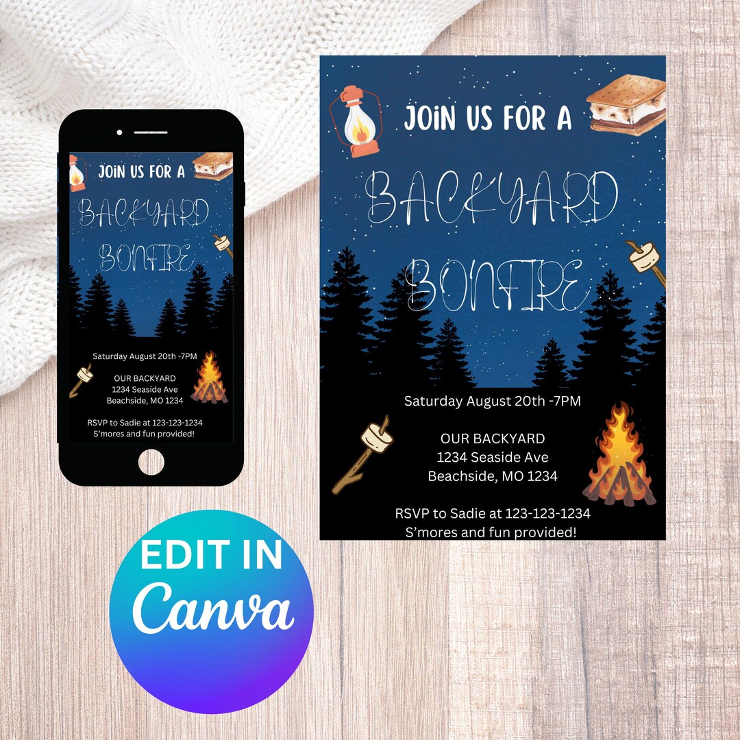 Printable Summer Party Invitation, Editable Backyard Bonfire Digital ...